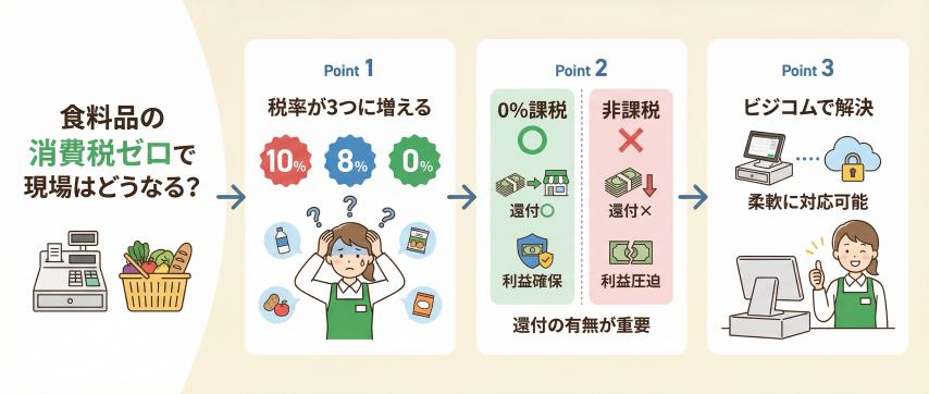 食料品の消費税ゼロで現場はどうなる？～3つの税率混在に備える、今すぐ考えるべきPOSレジ対策～｜株式会社ビジコム